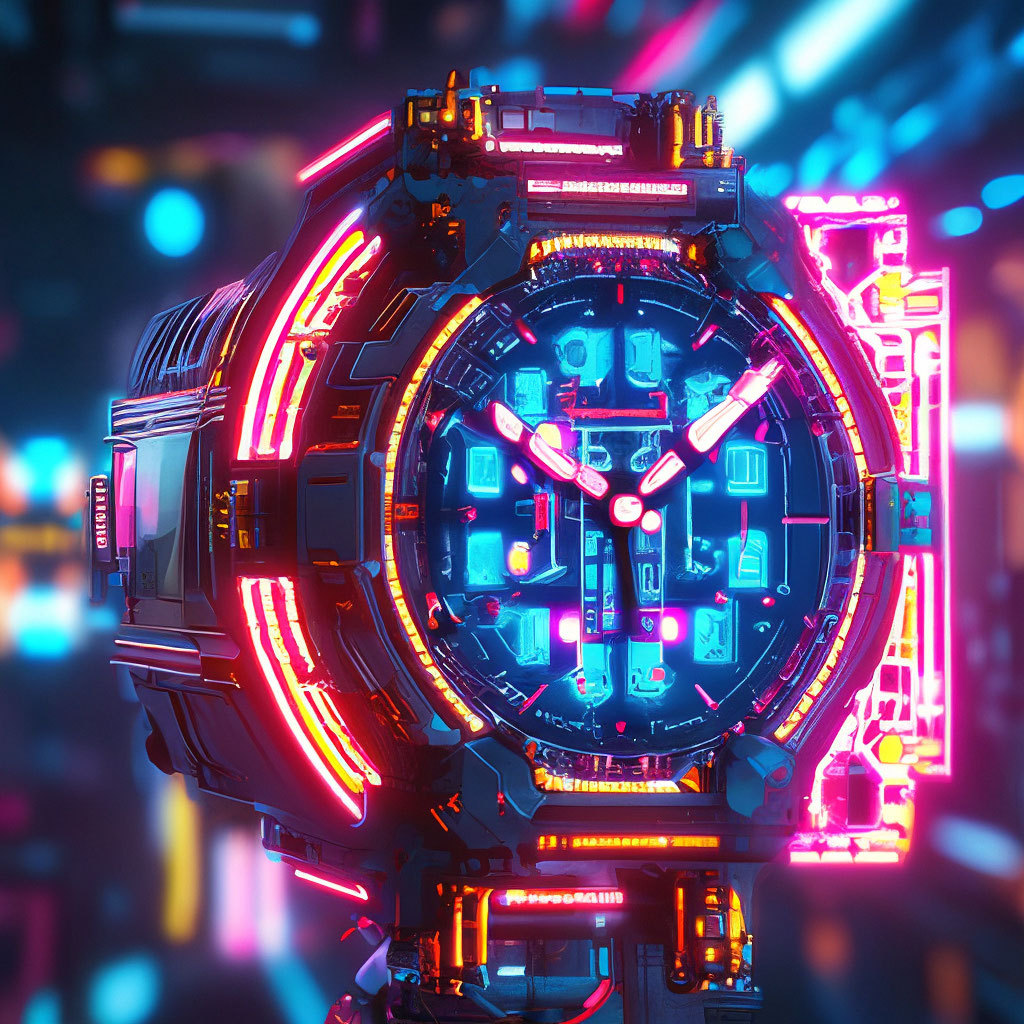 "Cyberpunk art clock in space, aesthetically pleasing, beautiful ...