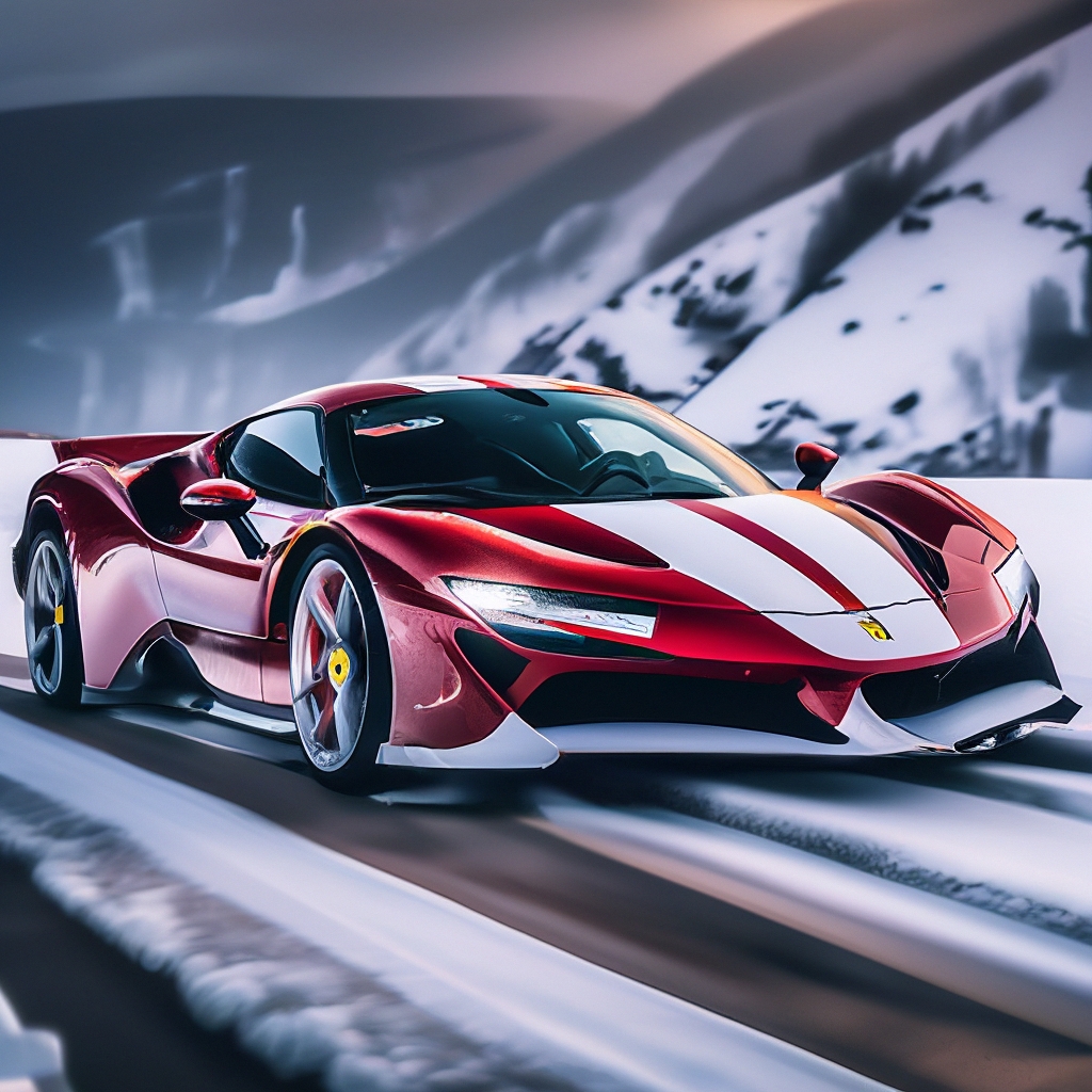 "Racing ferrari sf90 rides on a winter road" — image created in Shedevrum