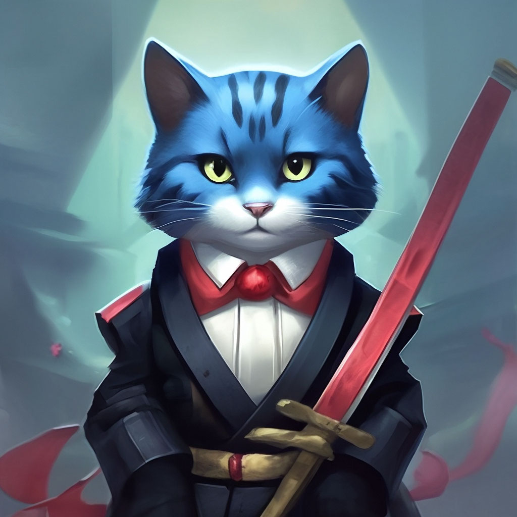 "Smurf Cat Shailushai Samurai in a tuxedo" — image created in Shedevrum