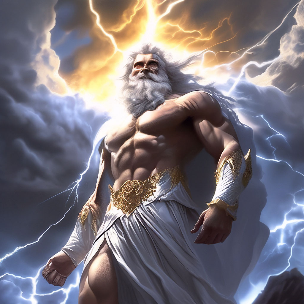 "Zeus in the form of a man with a white beard in white clouds ...