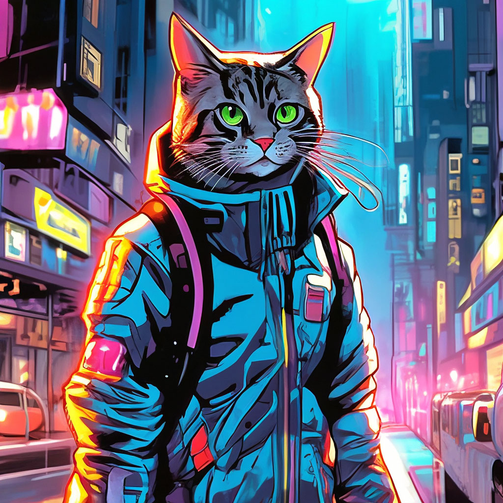 "A cat in a tracksuit on the street" — image created in Shedevrum