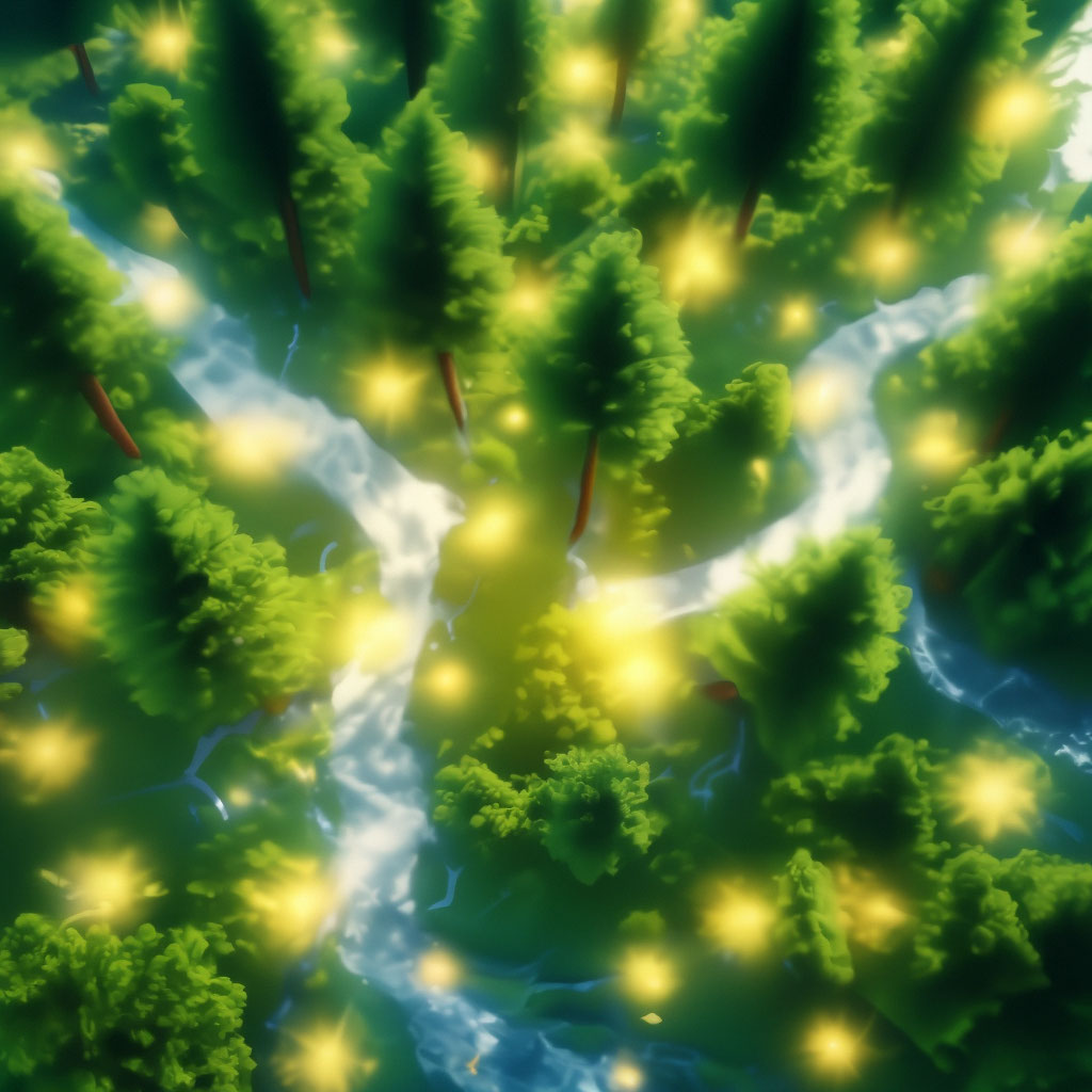 "Tree forest, fireflies top view" — image created in Shedevrum