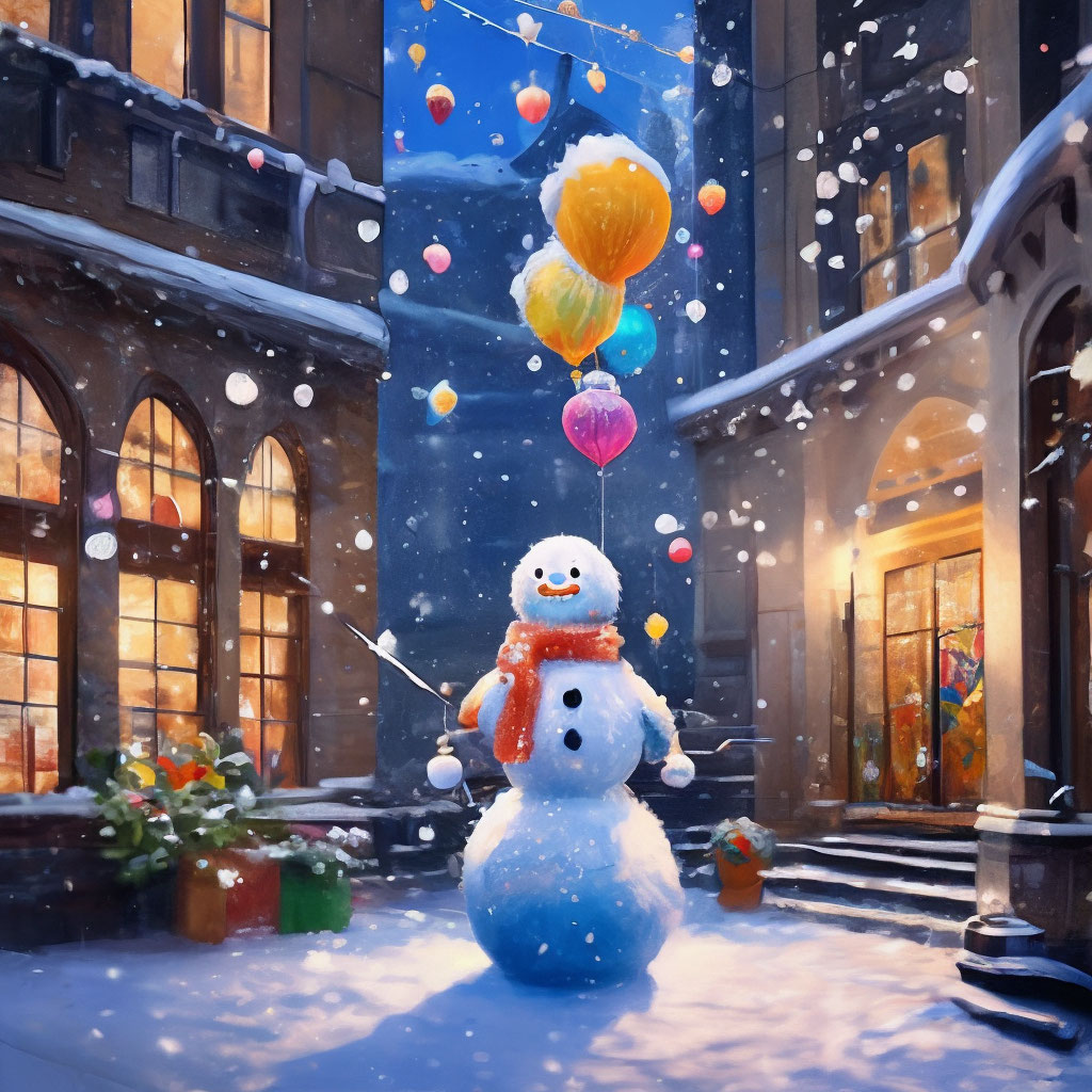 "Cute snowman decorated with garlands and colorful balloons in the old ...