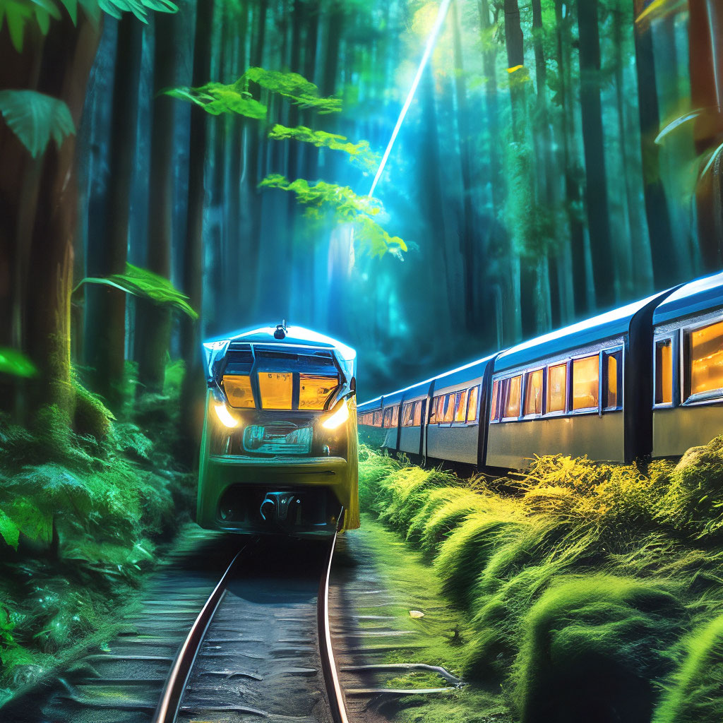 "A train rushing through the forest to paradise realistic photo ...