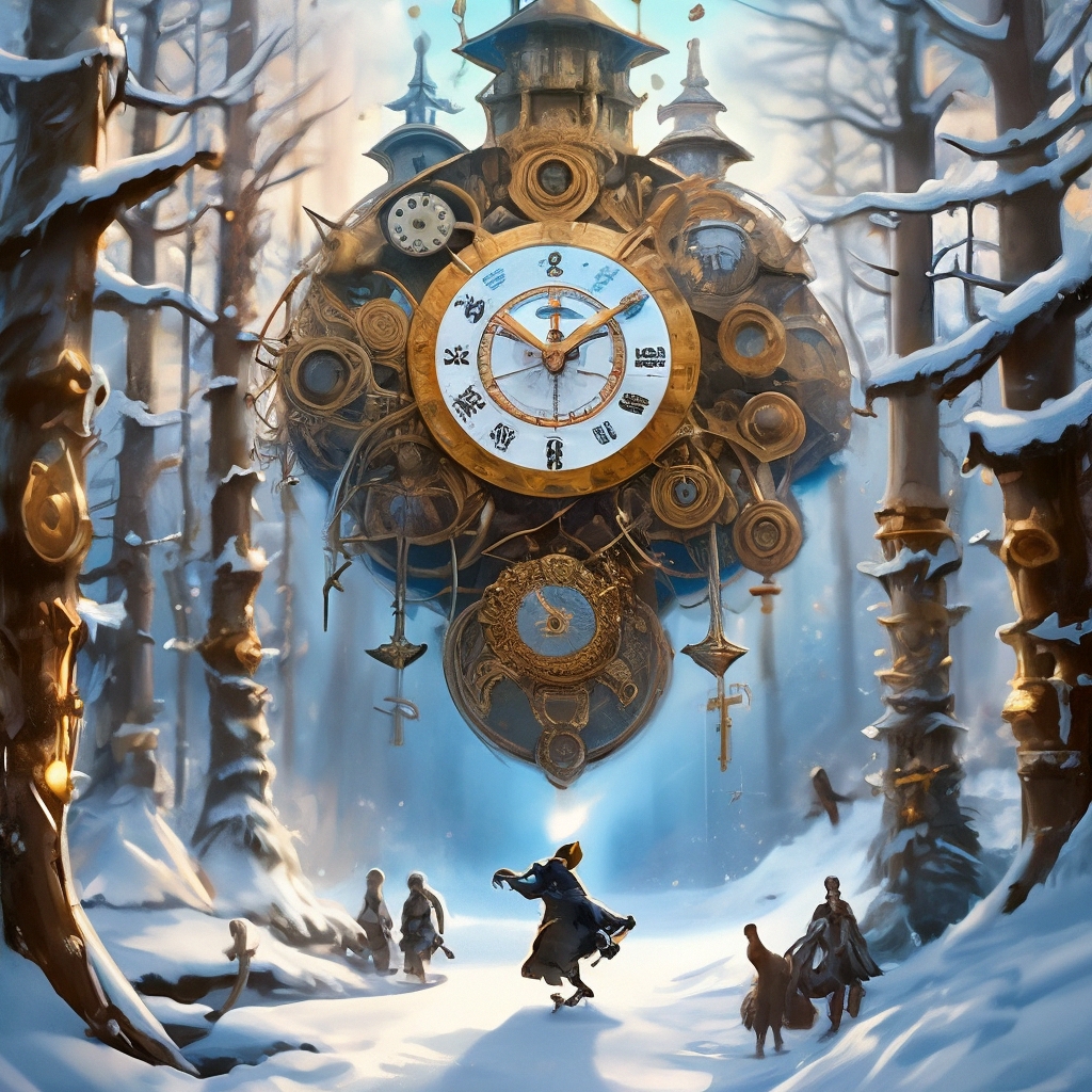 "32K, a magical fairy-tale snow forest, a large clock, a mechanical ...