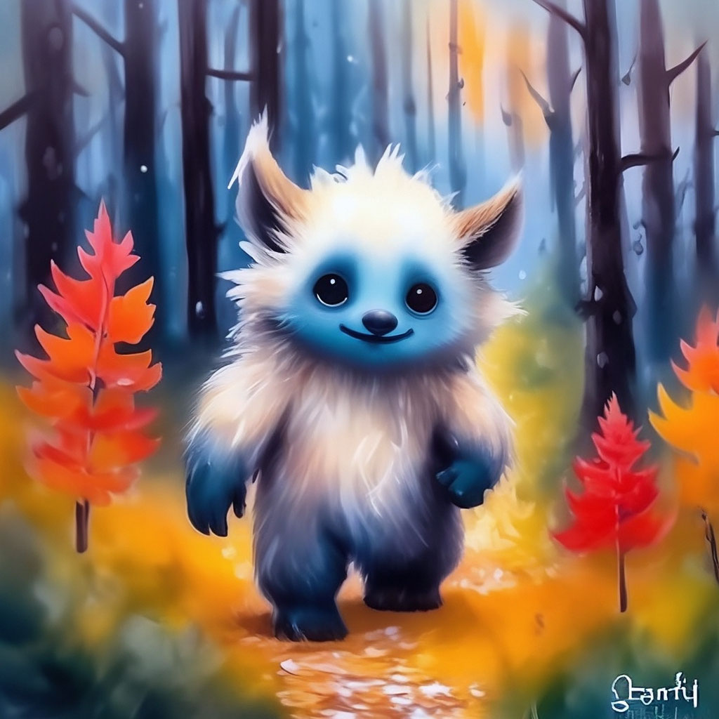 "Cute adorable baby Yeti, walking through the autumn forest.Acrylic ...