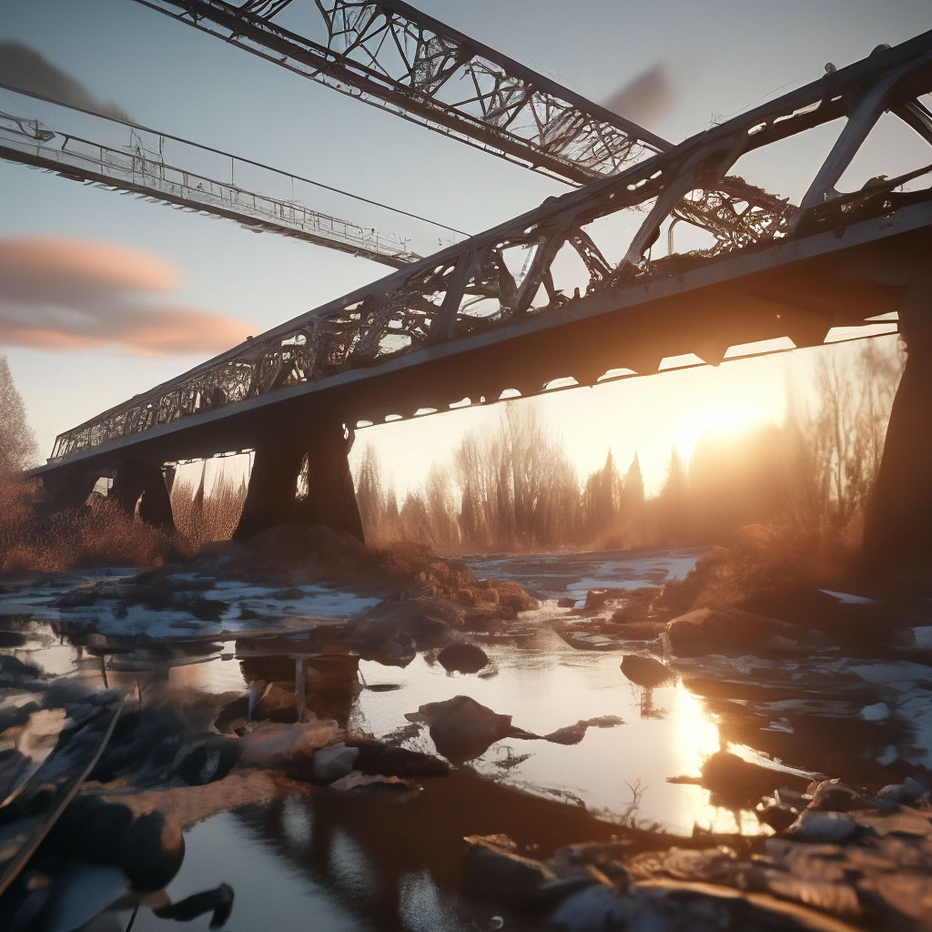 "Destroyed railway bridge, realistic, beautiful, 4k, professional photo ...