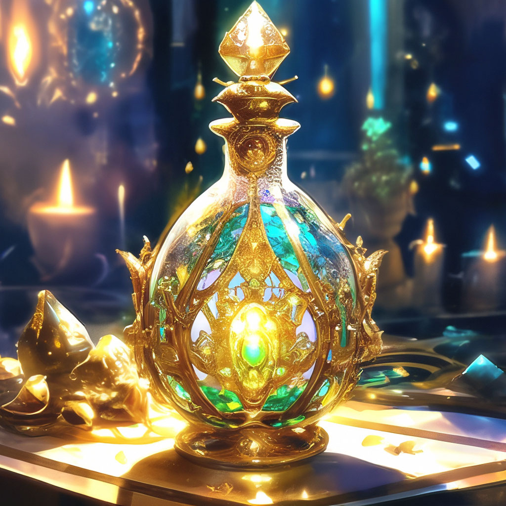 "Potion of wealth, crystal bottle with golden sparkling liquid, with ...