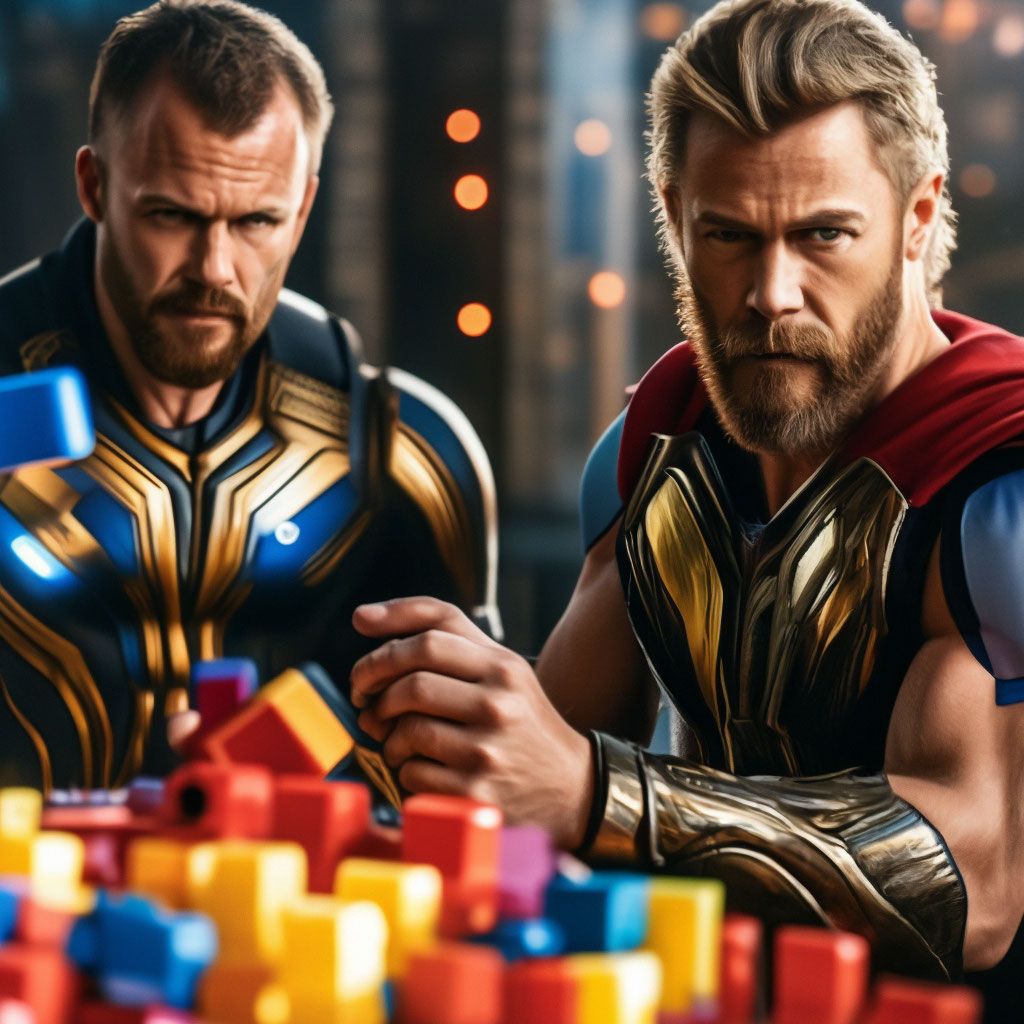 "Thor and Thanos play with children's cubes on the playground" — image ...