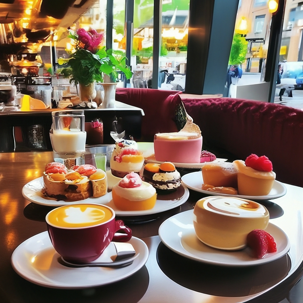 "Sweets in a coffee shop mmmm delicious" — image created in Shedevrum