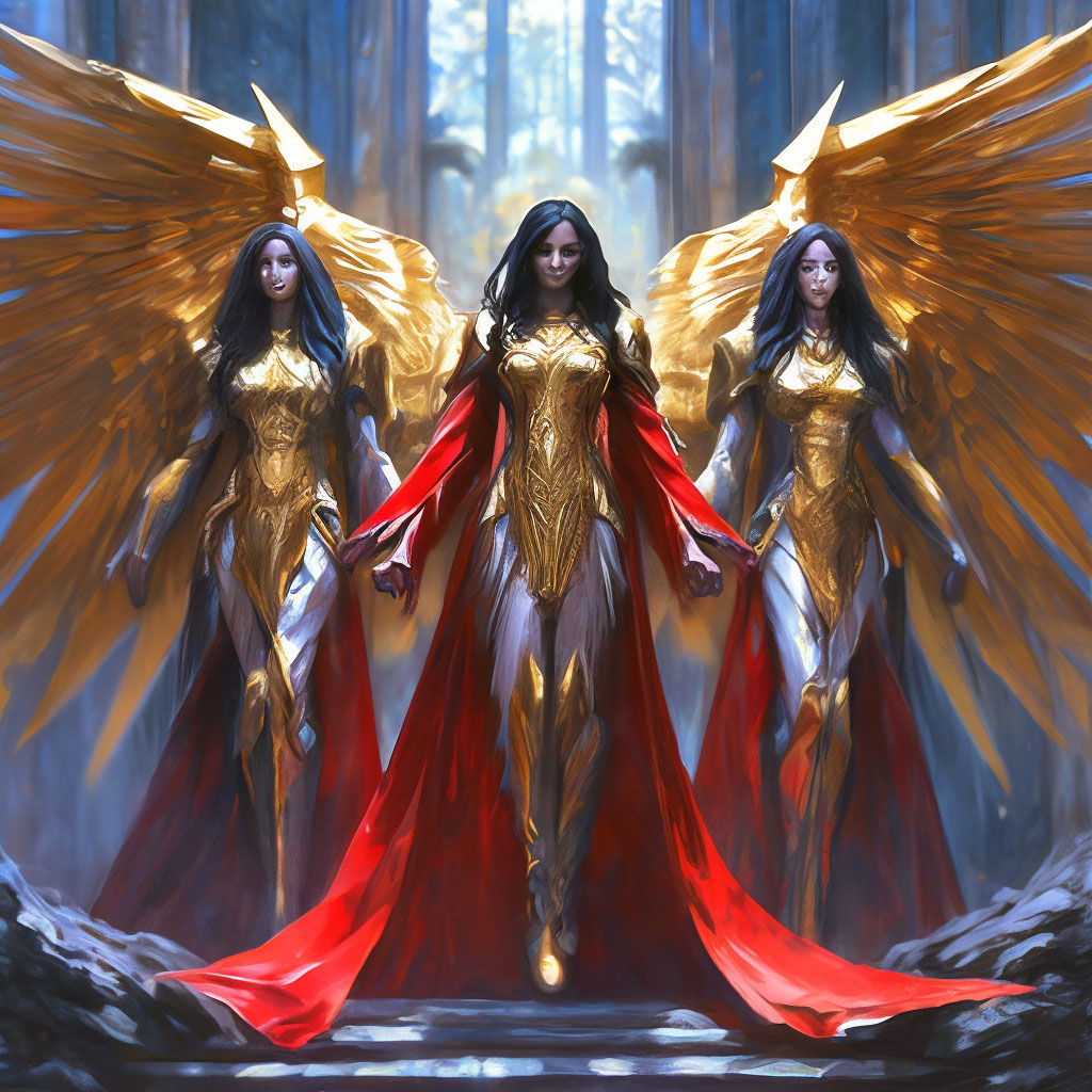 "Three angels, protection, passage, golden wings, red, blue, black ...