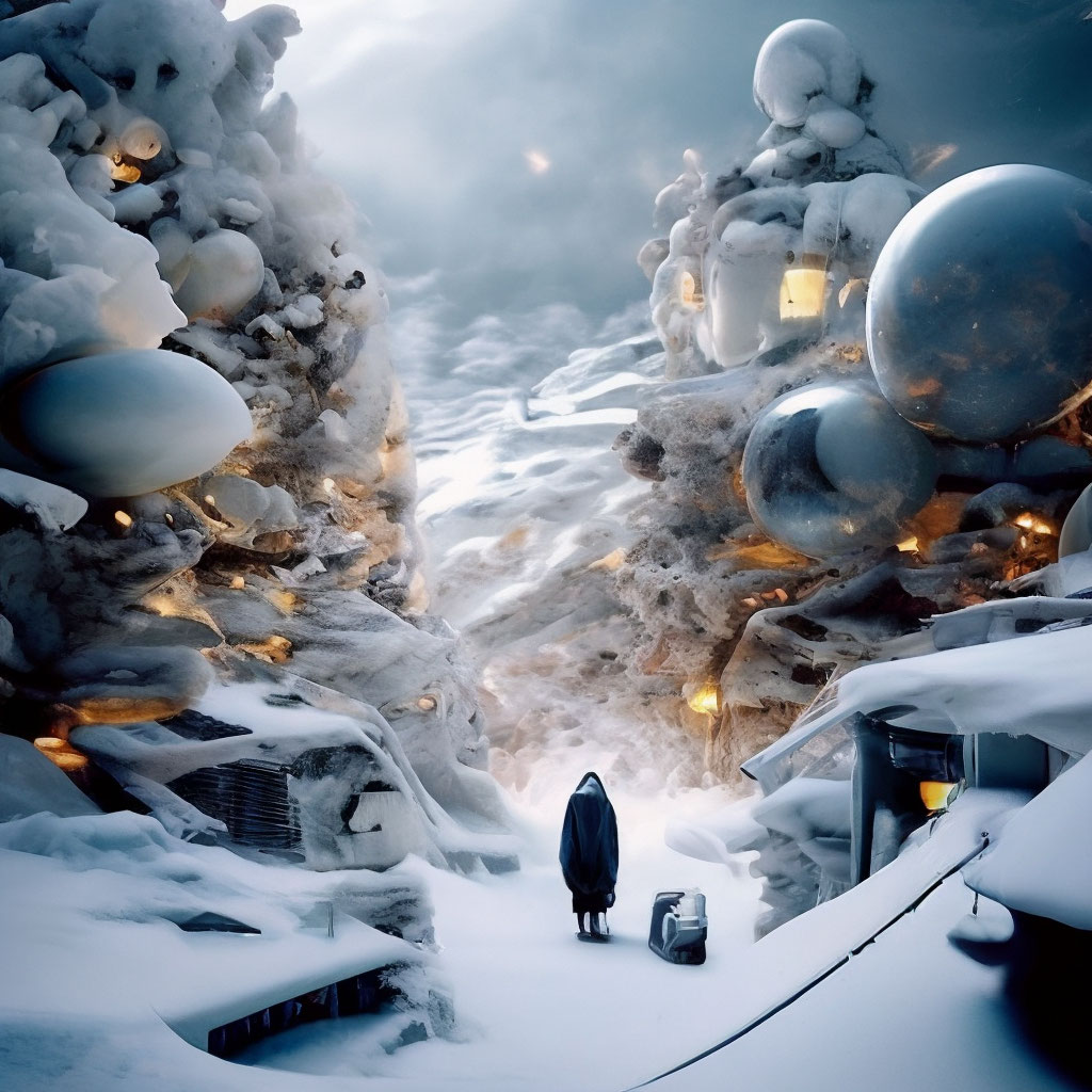 "Snow scenes, surrealism, fragmented unreal, a mix of styles, mimicking ...