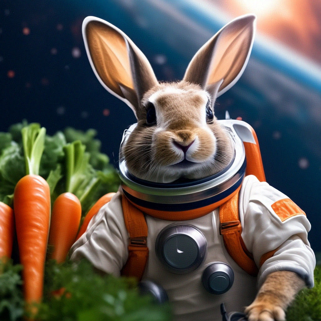 "A rabbit in a spacesuit in low-Earth orbit collects carrots" — image ...