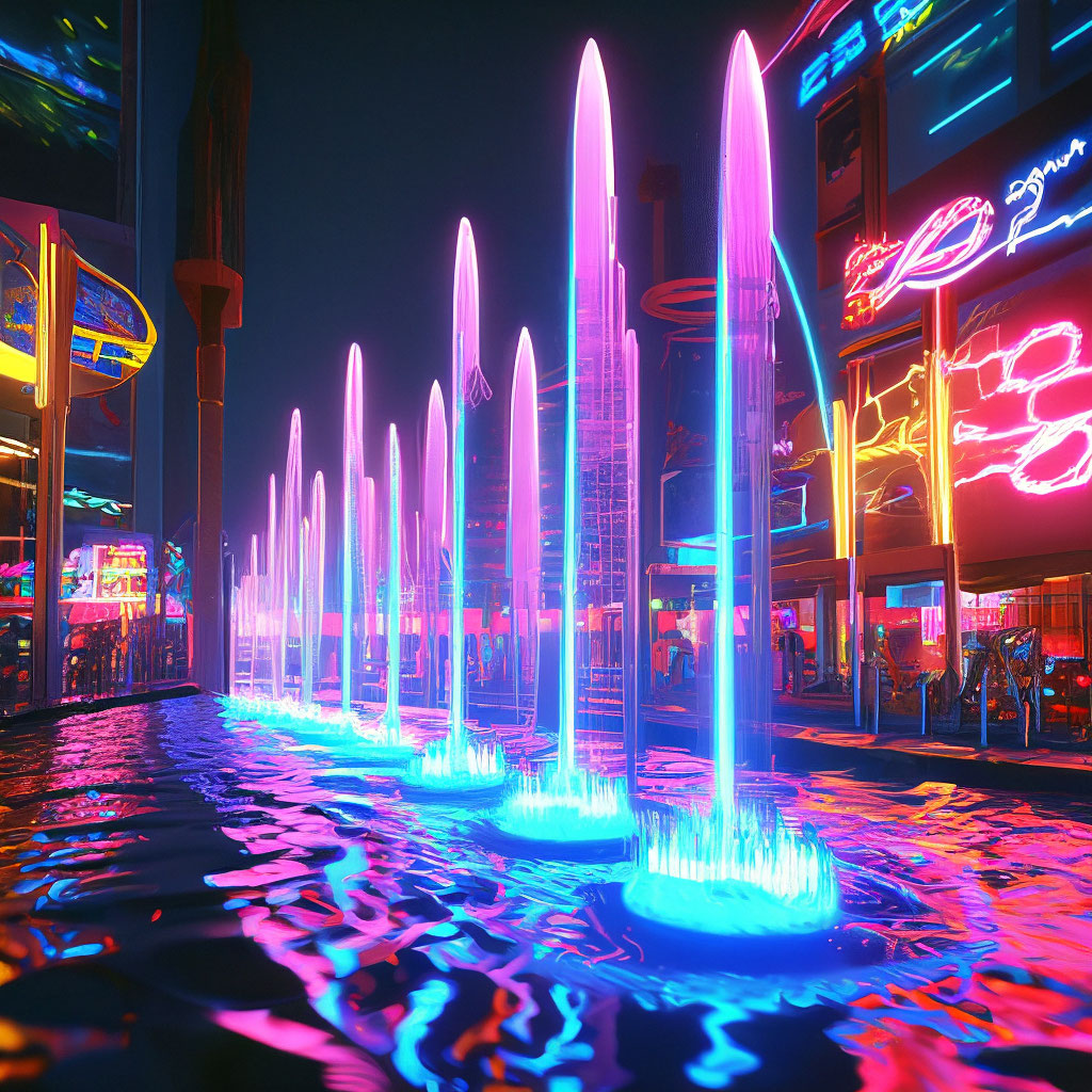 "Neon fountains, 3d, high resolution, hyper-beautiful,hyperrealism ...