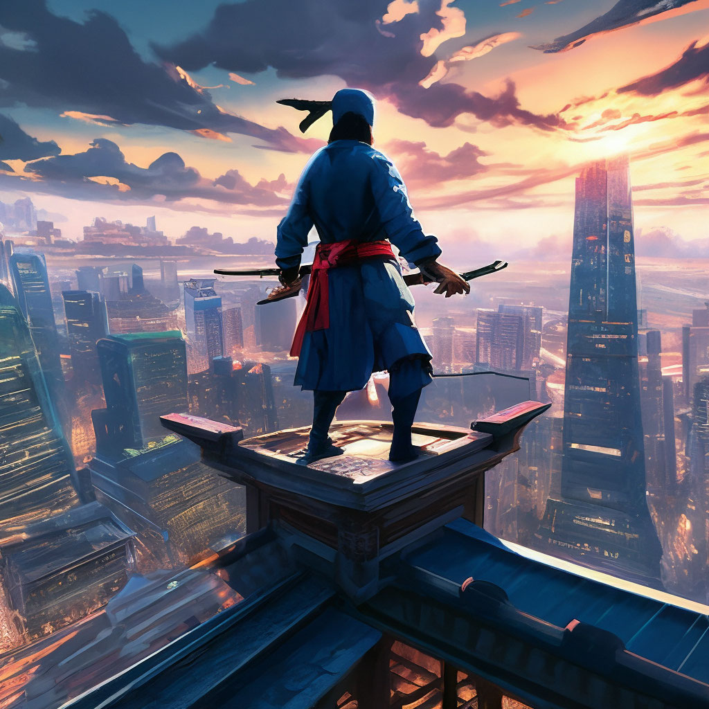 "Ninja on the roof of a skyscraper ninja 19 years old on the background ...