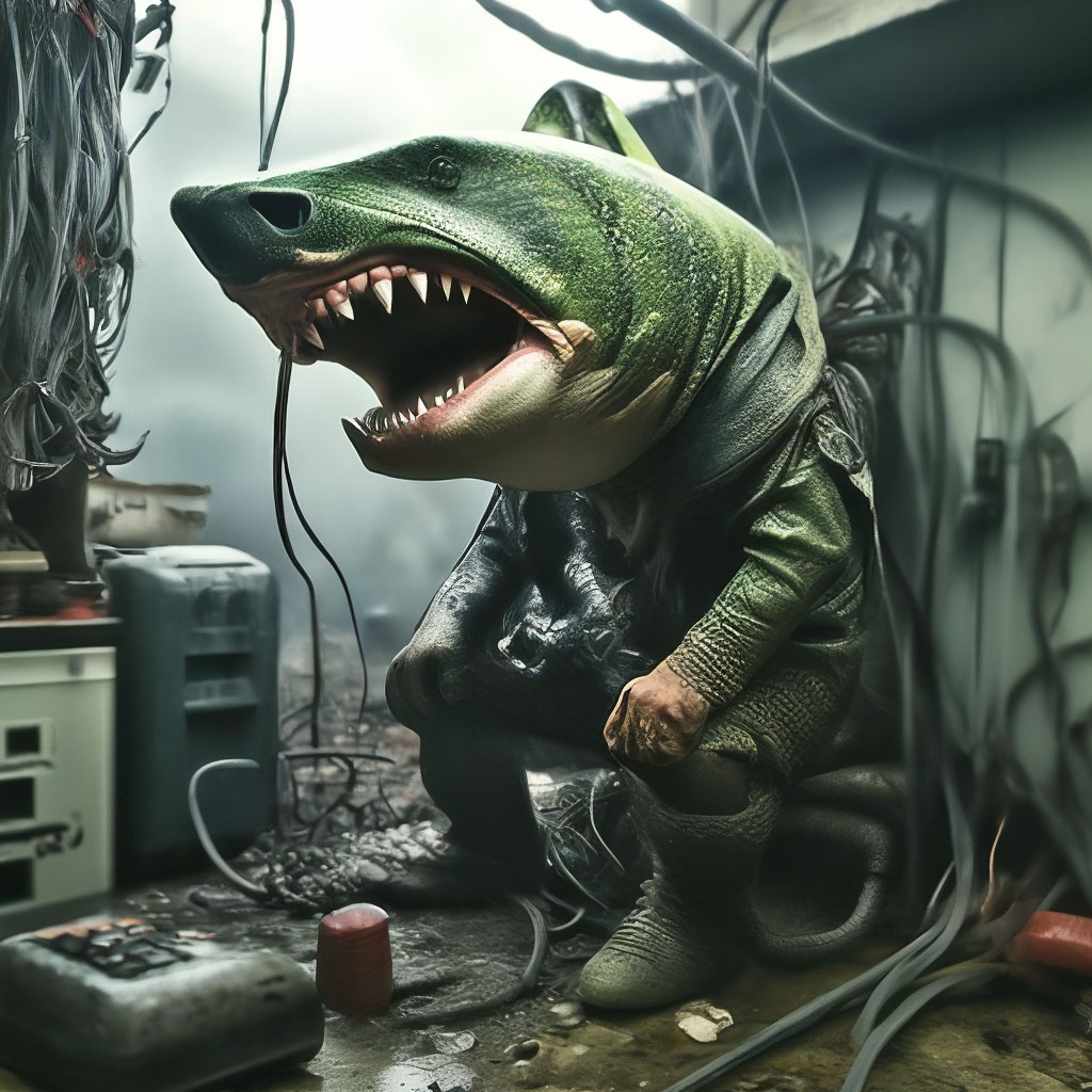 "Mutant shark man, creative, wires, electrical appliances" — image ...
