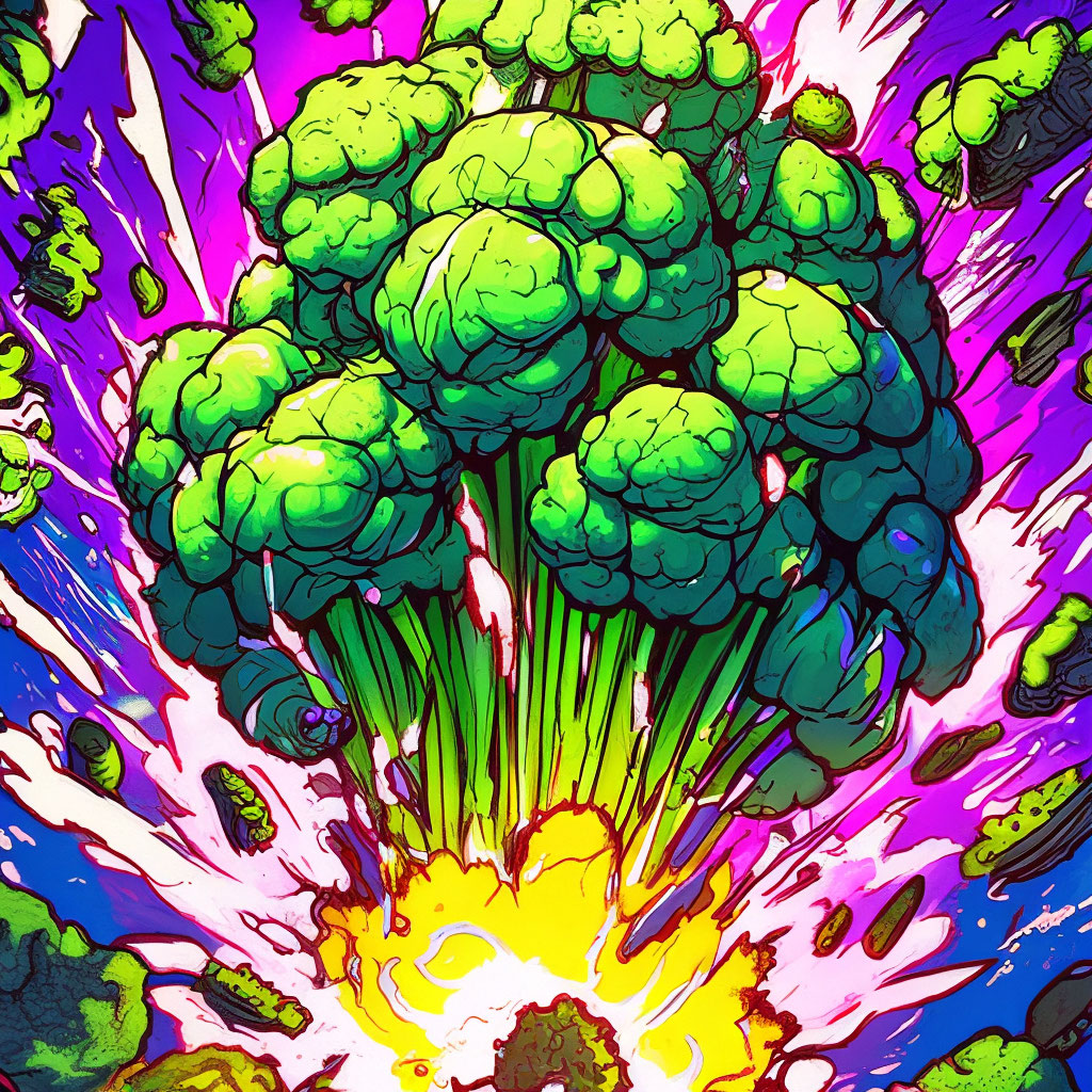 "Huge explosion of broccoli, bright colors, epic, 2D cartoon comic ...