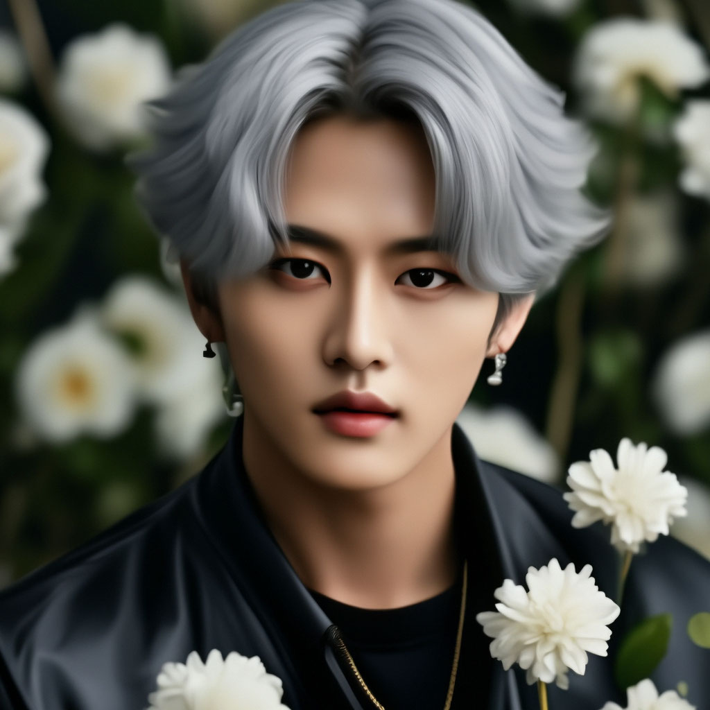 "Minho from the group Stray kids kpop, with white flowers on the ...