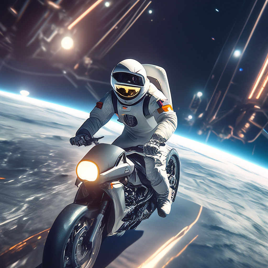 "Cosmonaut in a spacesuit flying in space on a motorcycle, 16k, high ...