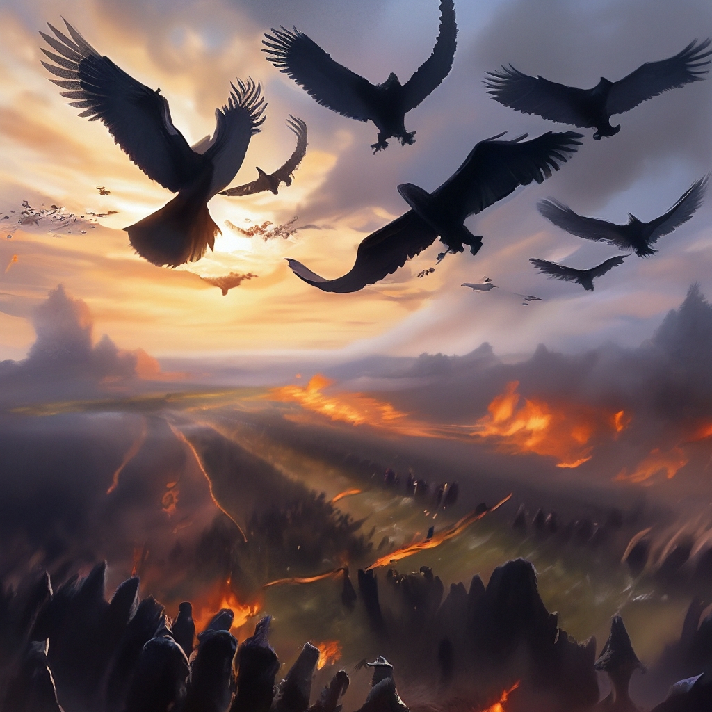 "A flock of ravens circling over the battlefield" — image created in ...