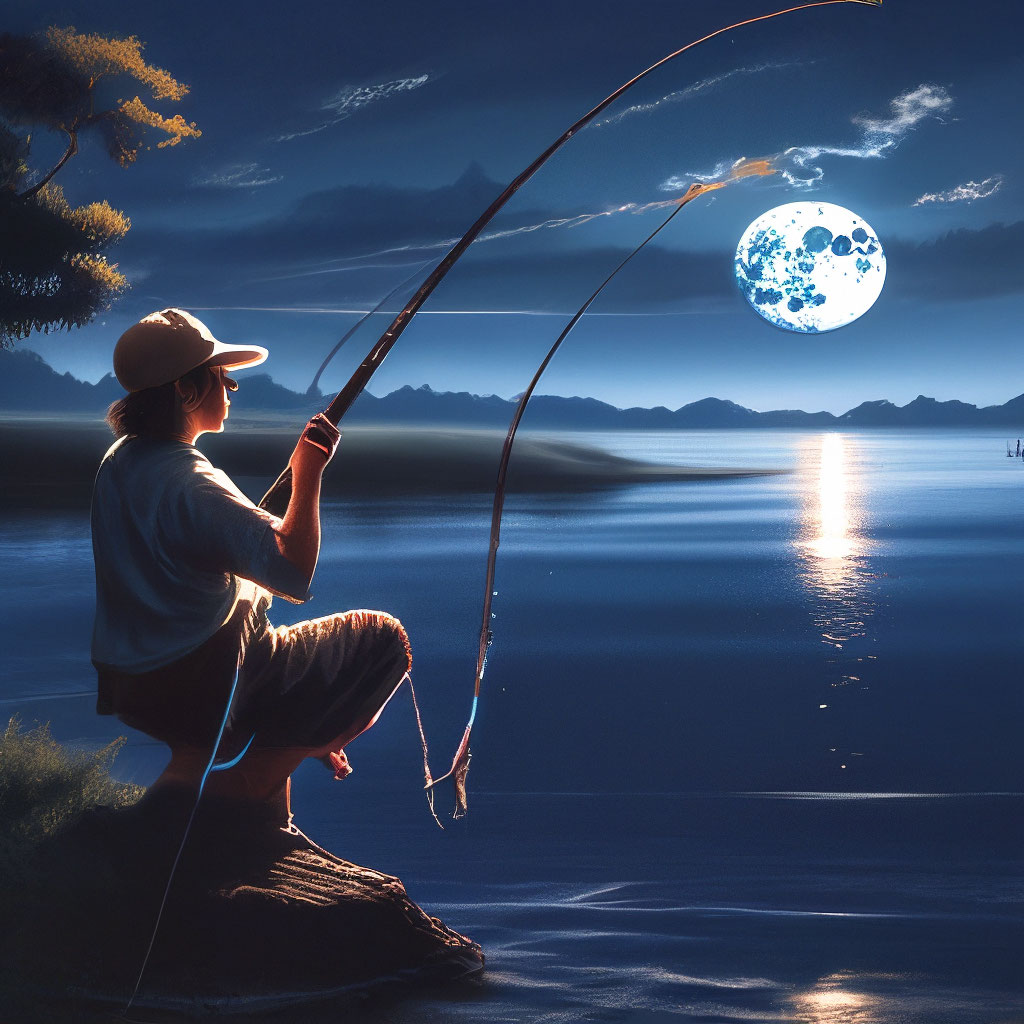 "Fishing rod in hand. Just touched the fishing line Summer moon. Tie ...