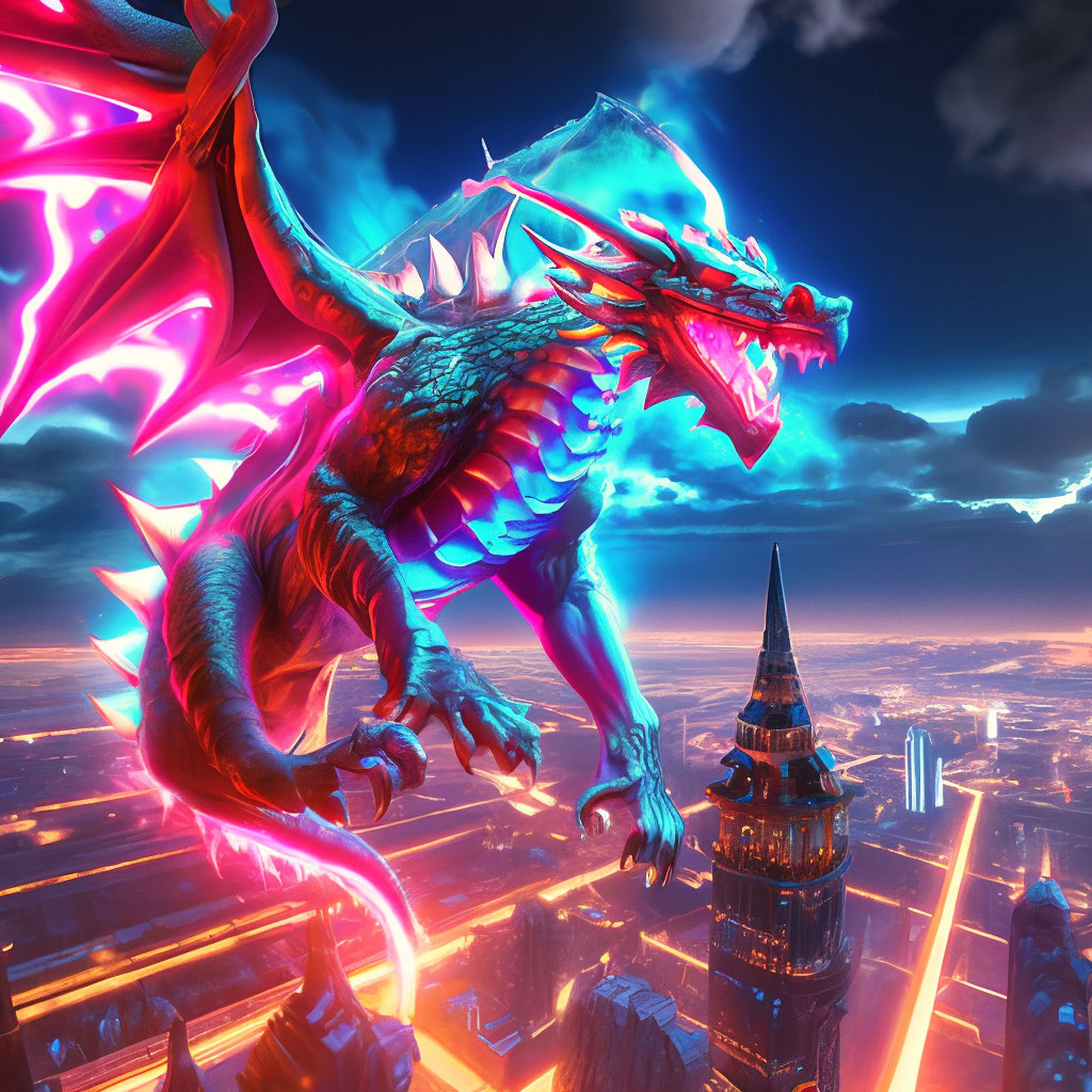 "Glowing neon dragon flying over the city, sky fantasy, glare, high ...