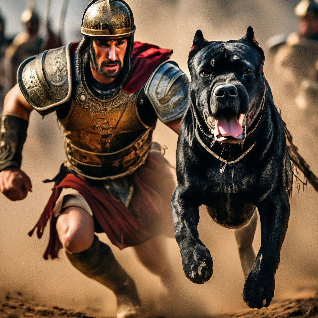 "Roman empire warrior with cane corso dog" — image created in Shedevrum