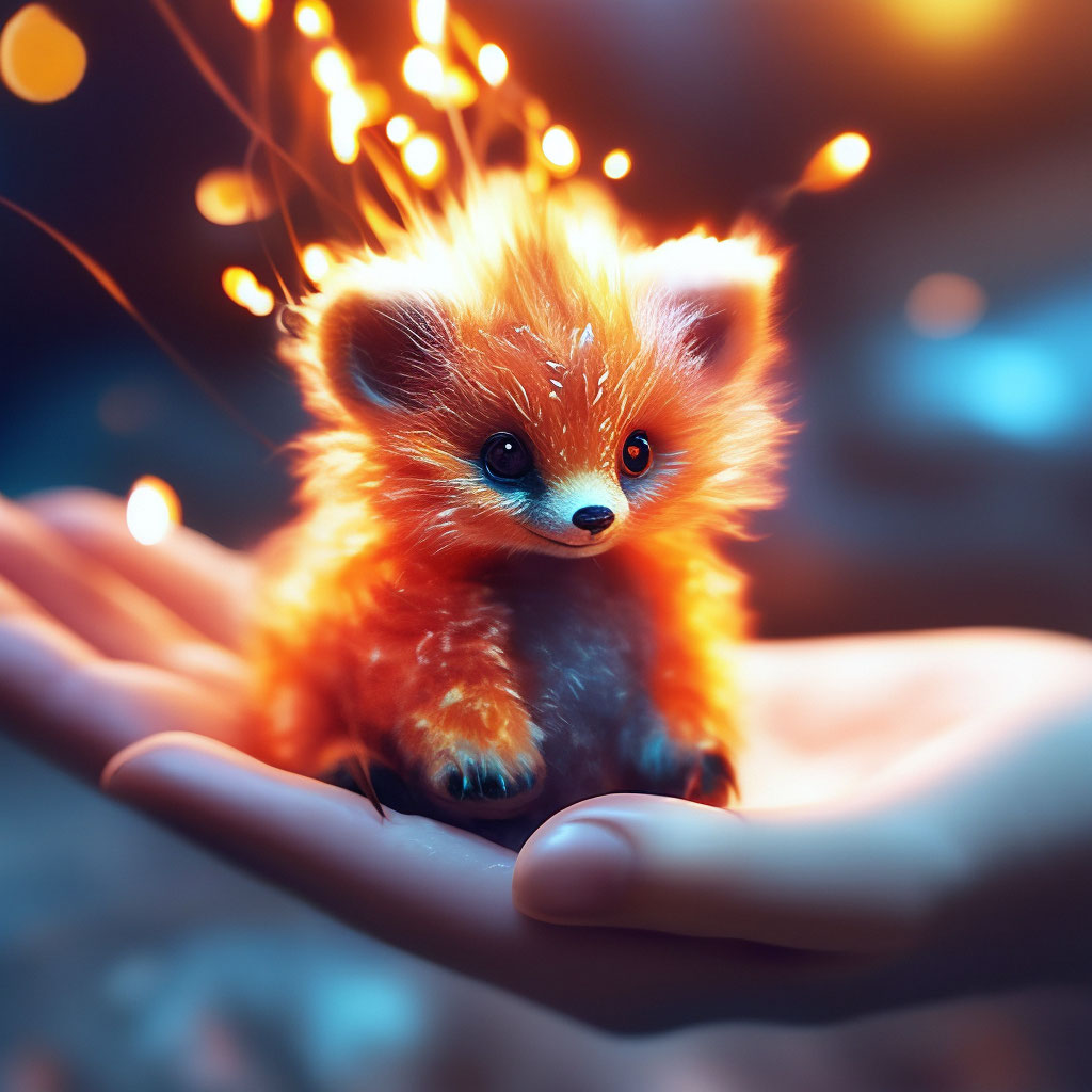"small, cute, fiery furry animal sitting on your hand,hyperrealism ...