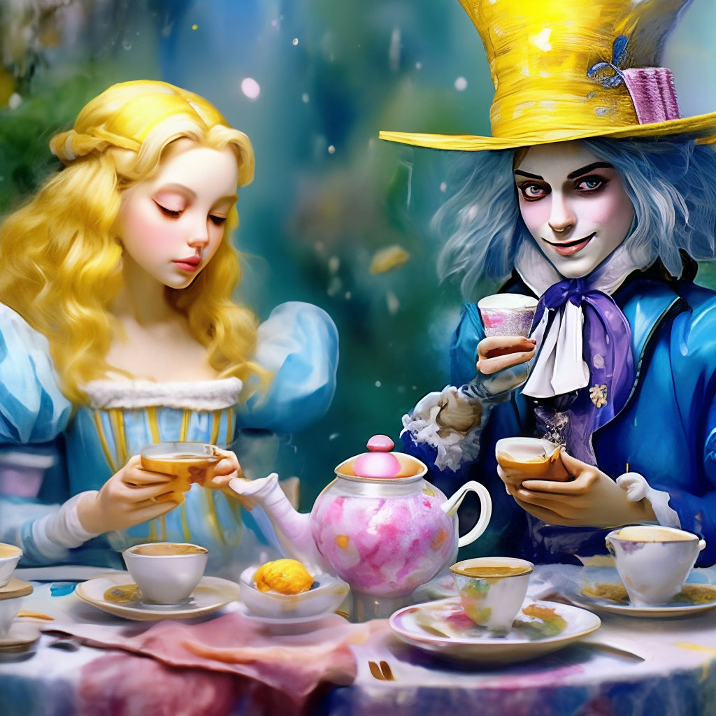 "Alice and the hatter drink tea, watercolor, drawing, photorealism ...