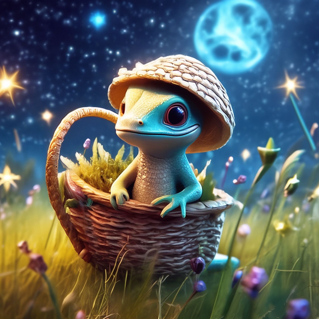 "Super cute little alien lizard + wicker basket. collects fallen stars ...