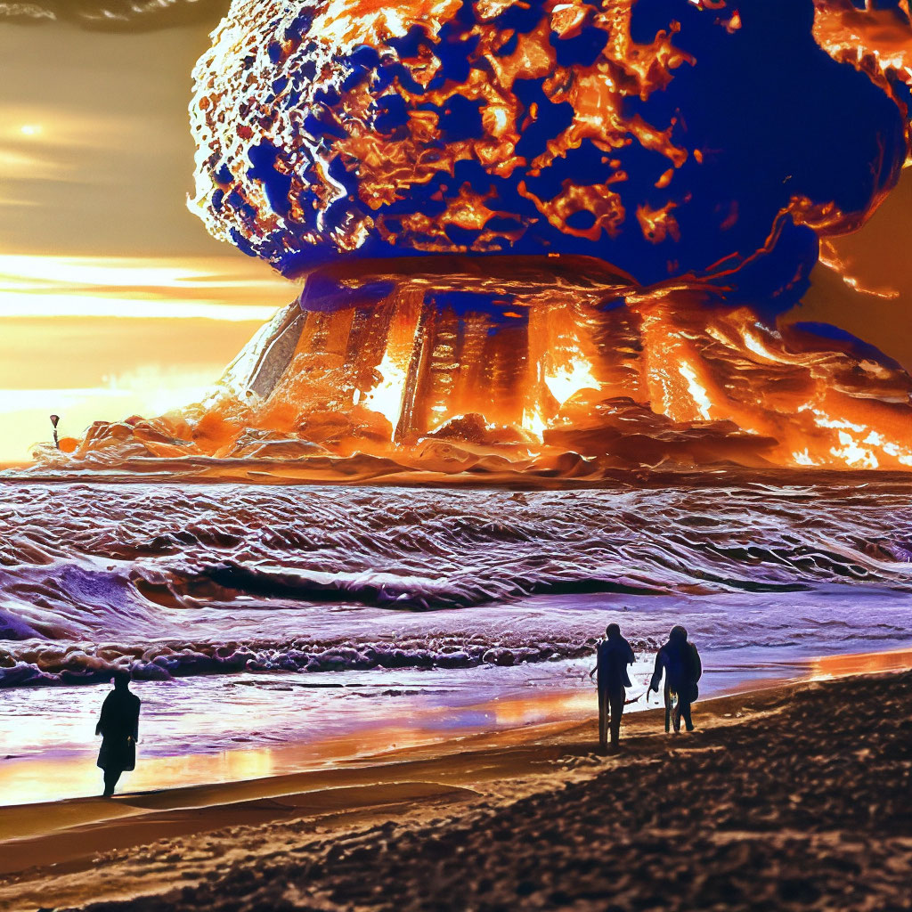 "Ocean shore, thermonuclear explosion on the horizon, people running ...