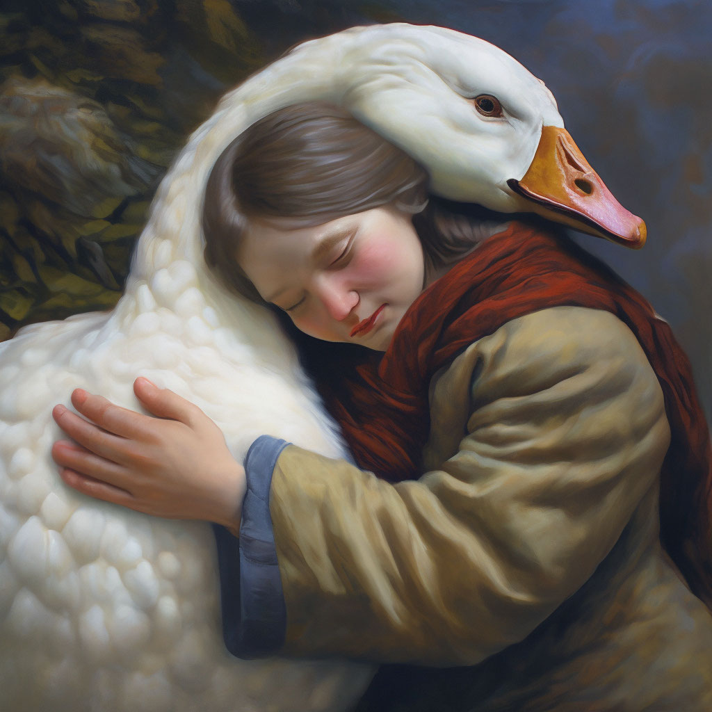 "Goose hugging" — image created in Shedevrum