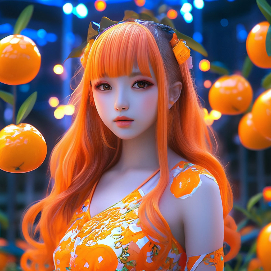 "Anime mandarin girl, orange bright hair, dress with tangerines ...