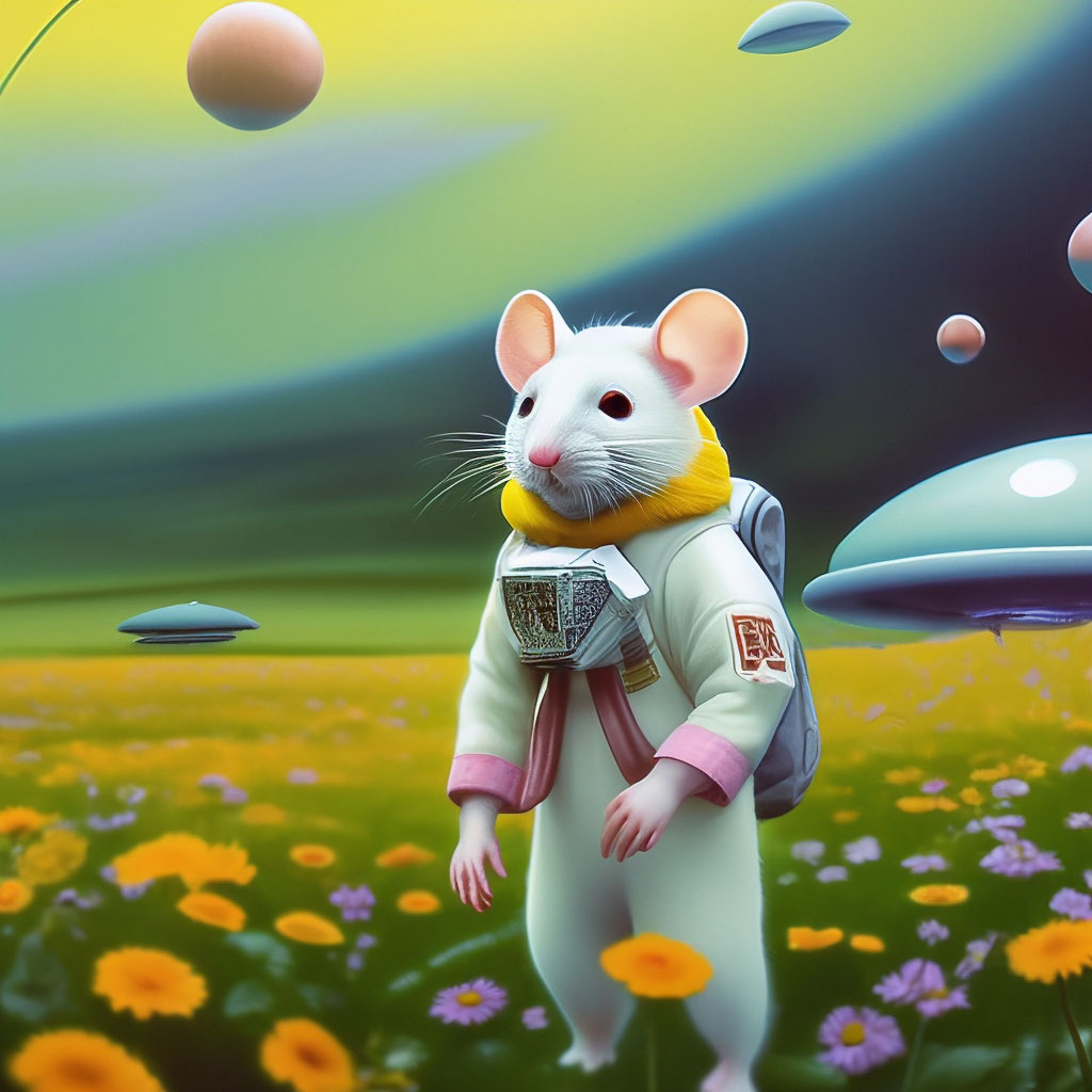 "A fluffy white rat in a space suit and an astronaut helmet stands in a ...