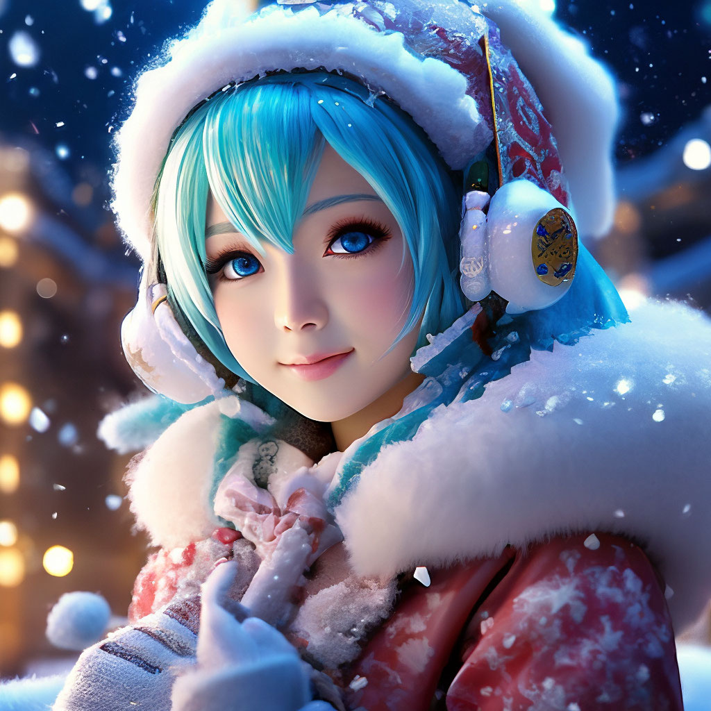 " Miku Hatsune beautiful, adult, New Year's theme, snow, computer ...