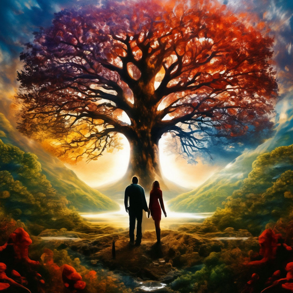 "The first man and the first woman at the tree of life are holding ...