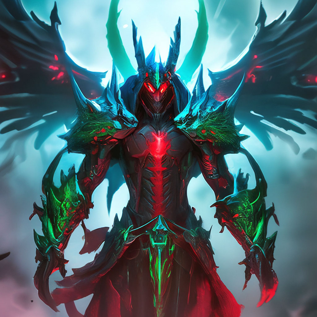 "Anthropomorphic demon Illidan with blue blades and large green wings ...