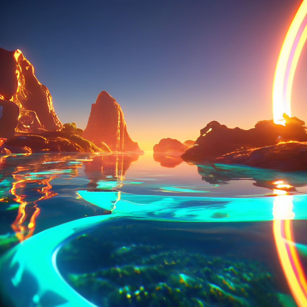 "Landscape, sun, mirror reflections of water, coral vegetation ...