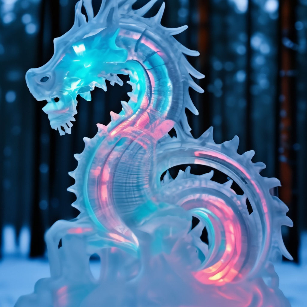 "Ice sculpture stands on snow against the background of a winter pine ...