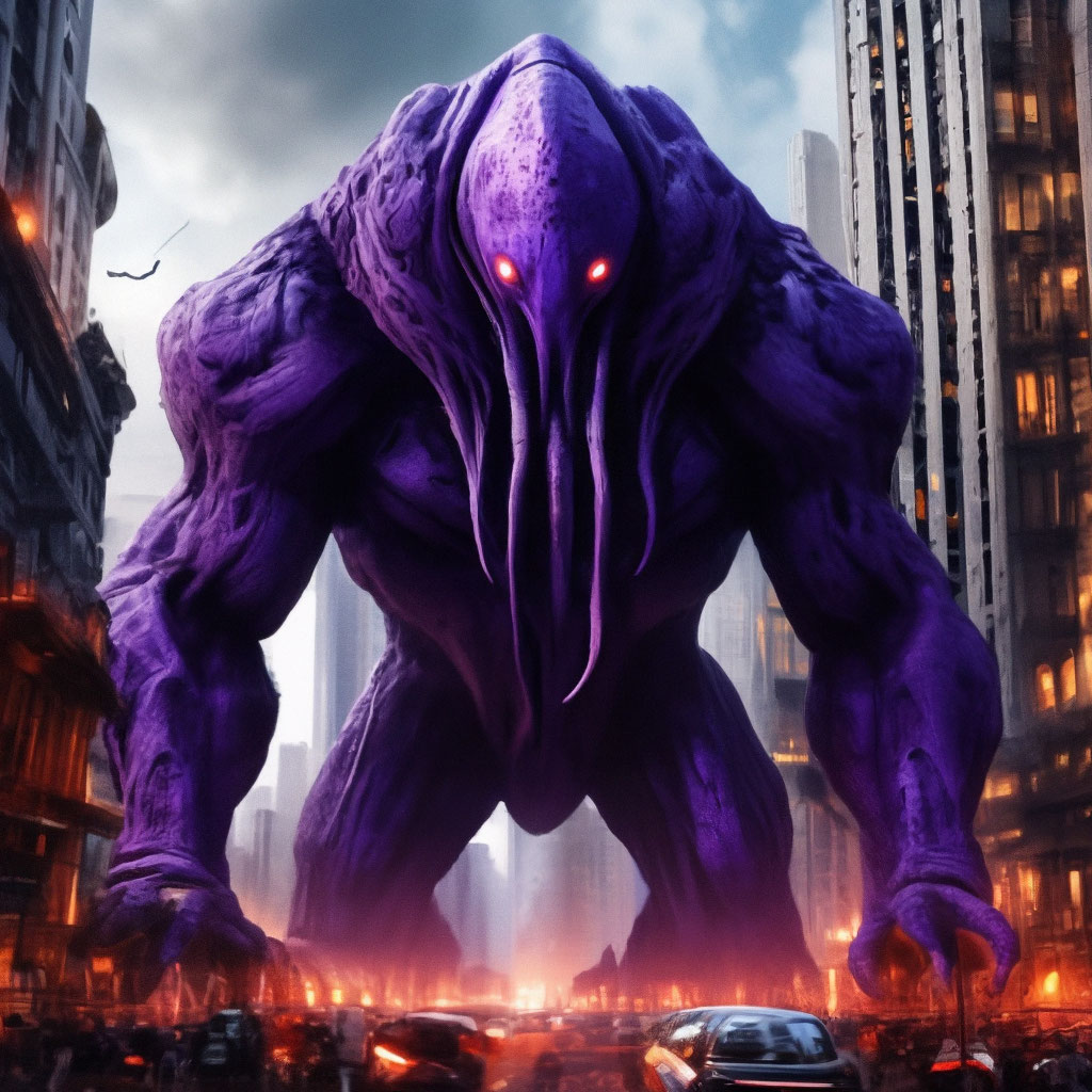 "A huge purple monster that destroyed a huge apocalypse city" — image ...