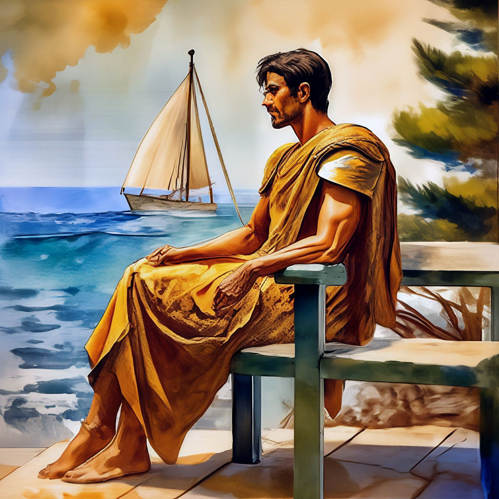 "Ancient roman man sitting on a bench against the background of the sea ...
