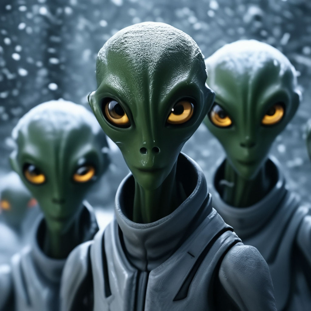 "Several aliens are looking with interest at the falling snow ...