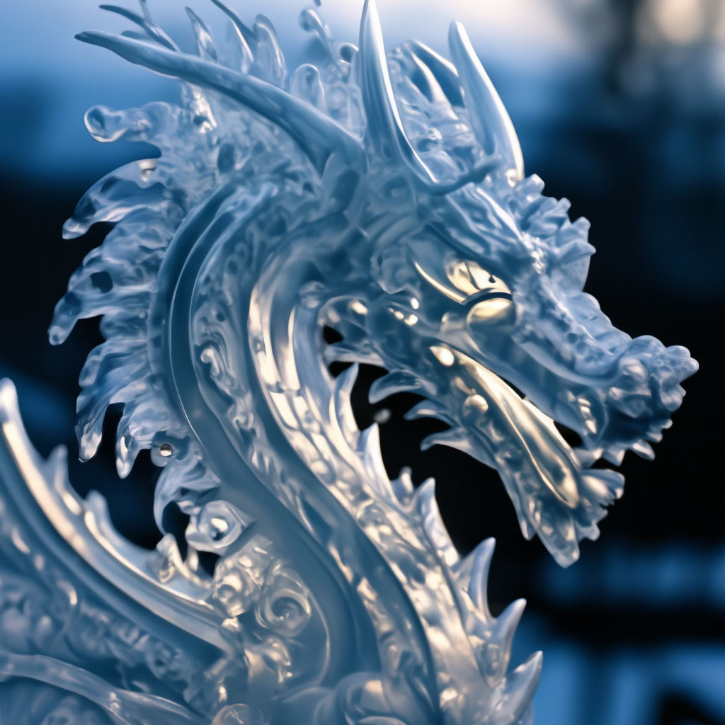 "There is a transparent ice dragon figure in nature, an ice statue, a ...