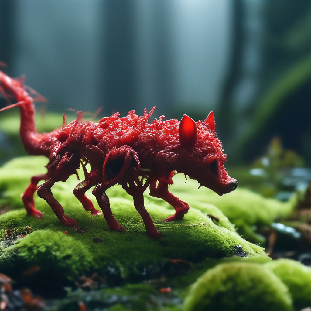 "Small dog-sized creature, red bones, walking on moss, thick fog, CGI ...