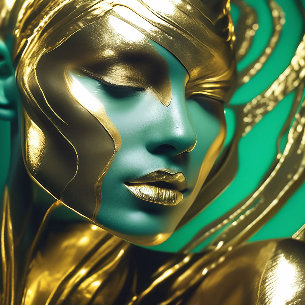 a close up of a woman with gold and green makeup, gold bodypaint ...