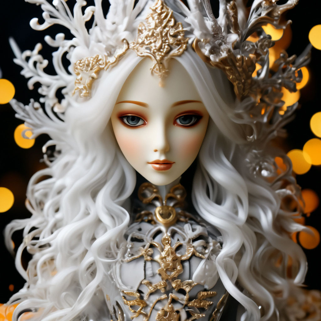 "Fractal patterns, glass+frost+spruce+scarlet+ceramic elf doll ...