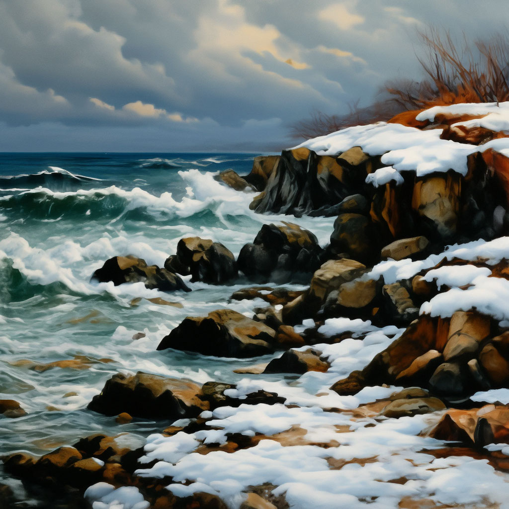 "Snowfall on the seashore, oil painting" — image created in Shedevrum