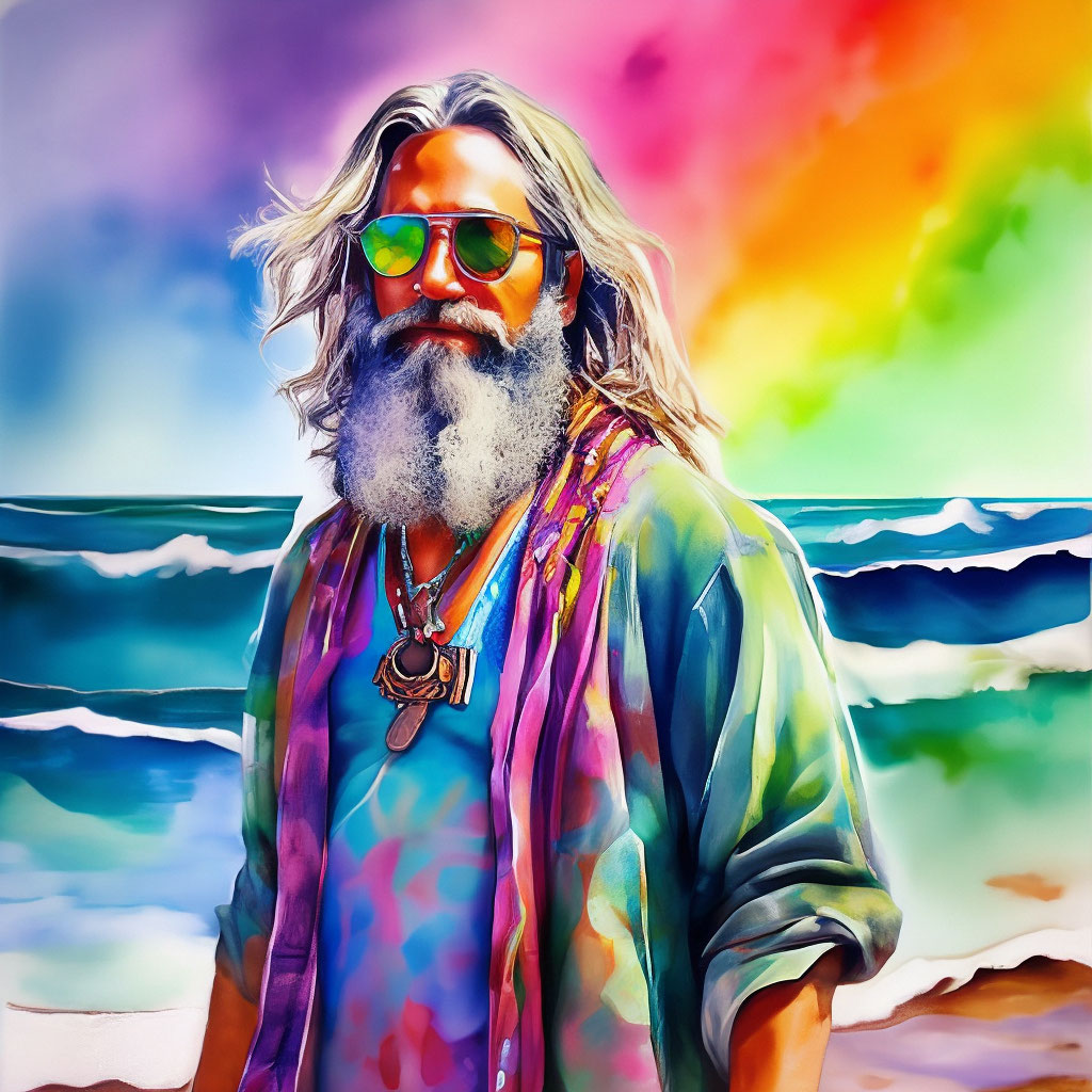 "A gray-bearded hippie stands on the ocean, grunge, watercolor, drawing ...