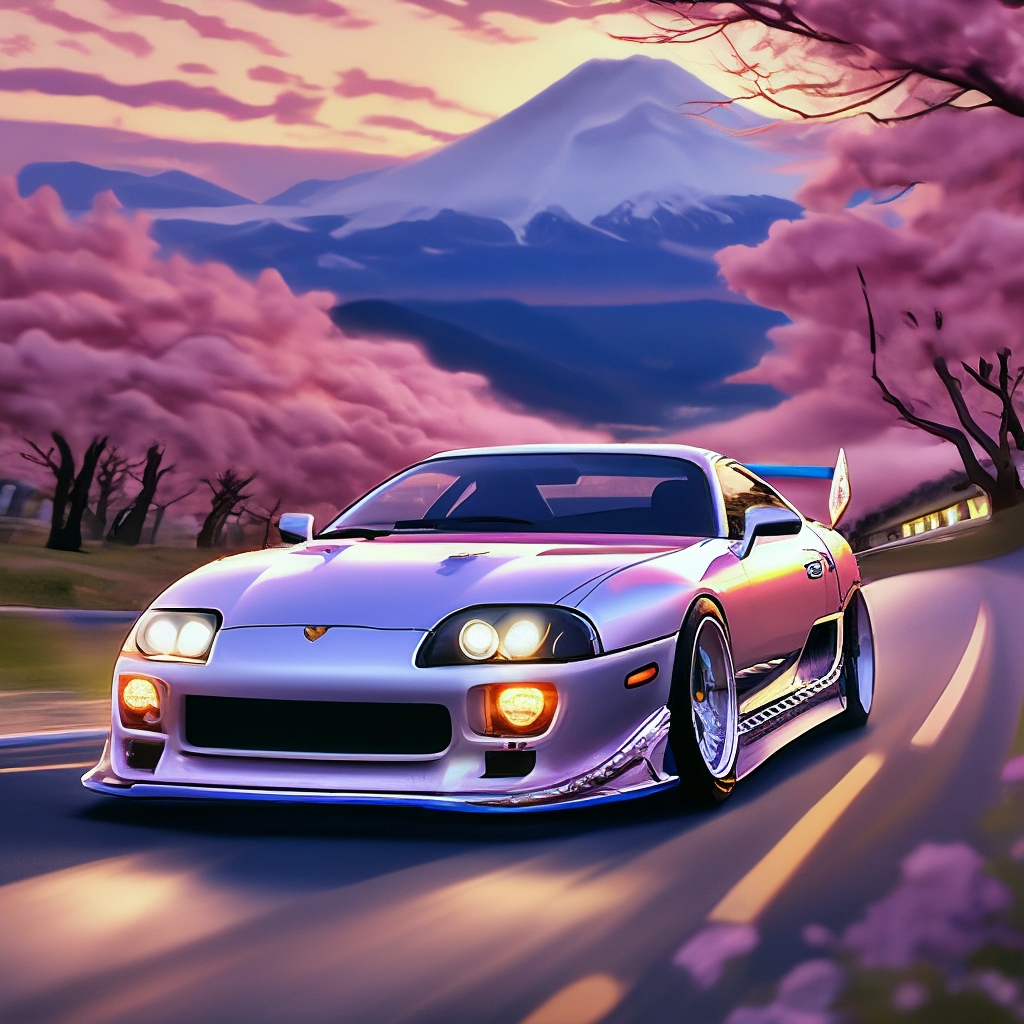 "Toyota Supra mk4,mountains,sakura,evening" — image created in Shedevrum