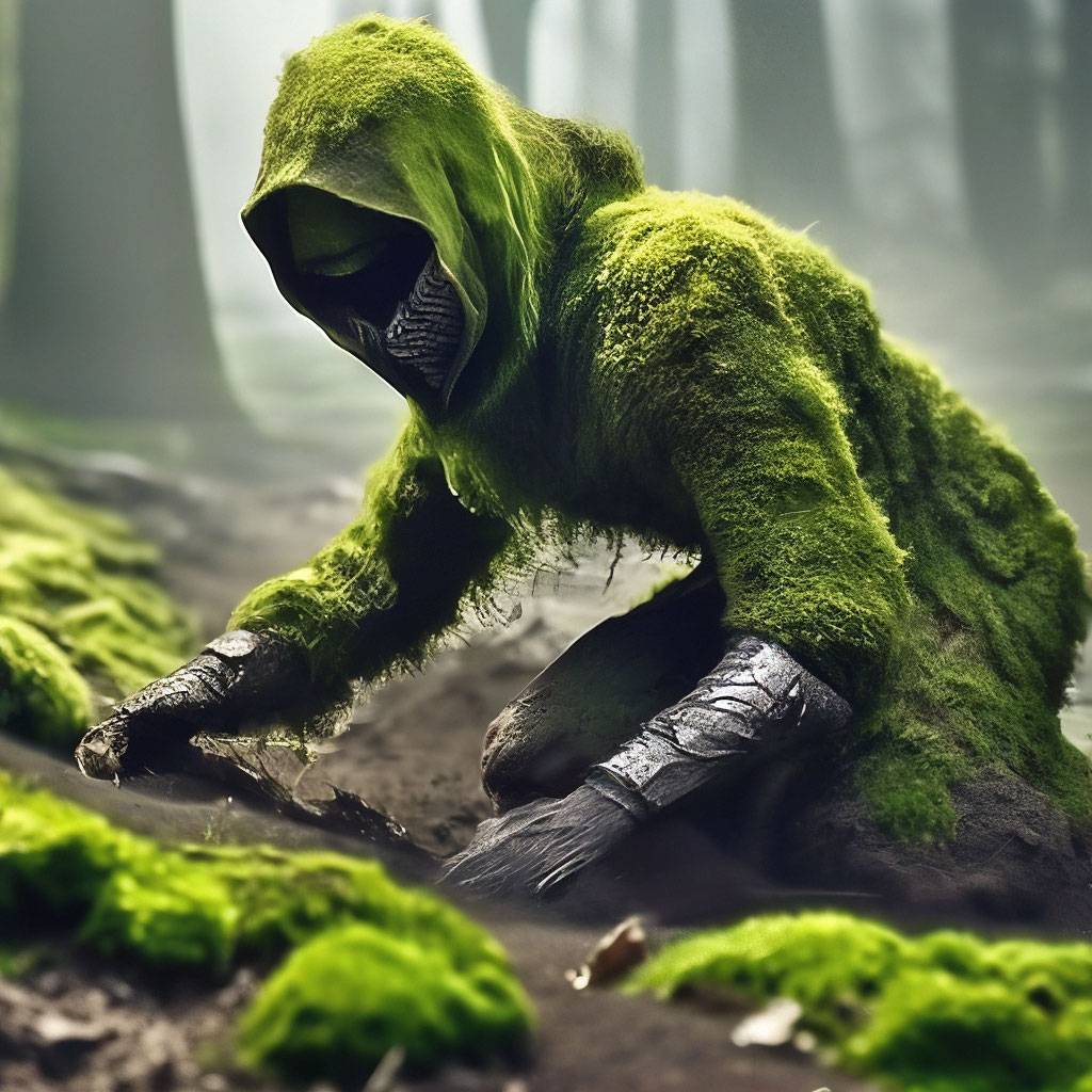 "Humanoid creature digging the ground, covered with moss and wearing a ...
